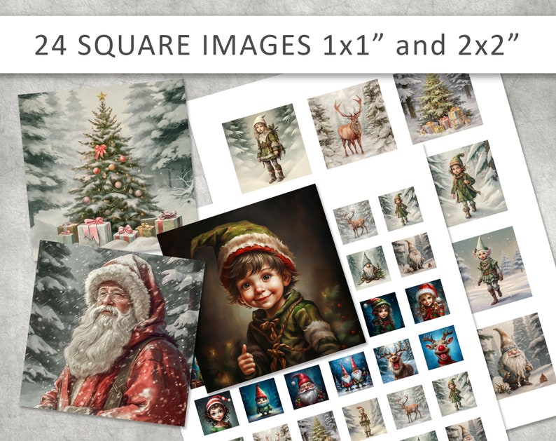 Christmas Square Card, 1 and 2 Inch Printable Image, Digital Collage ...