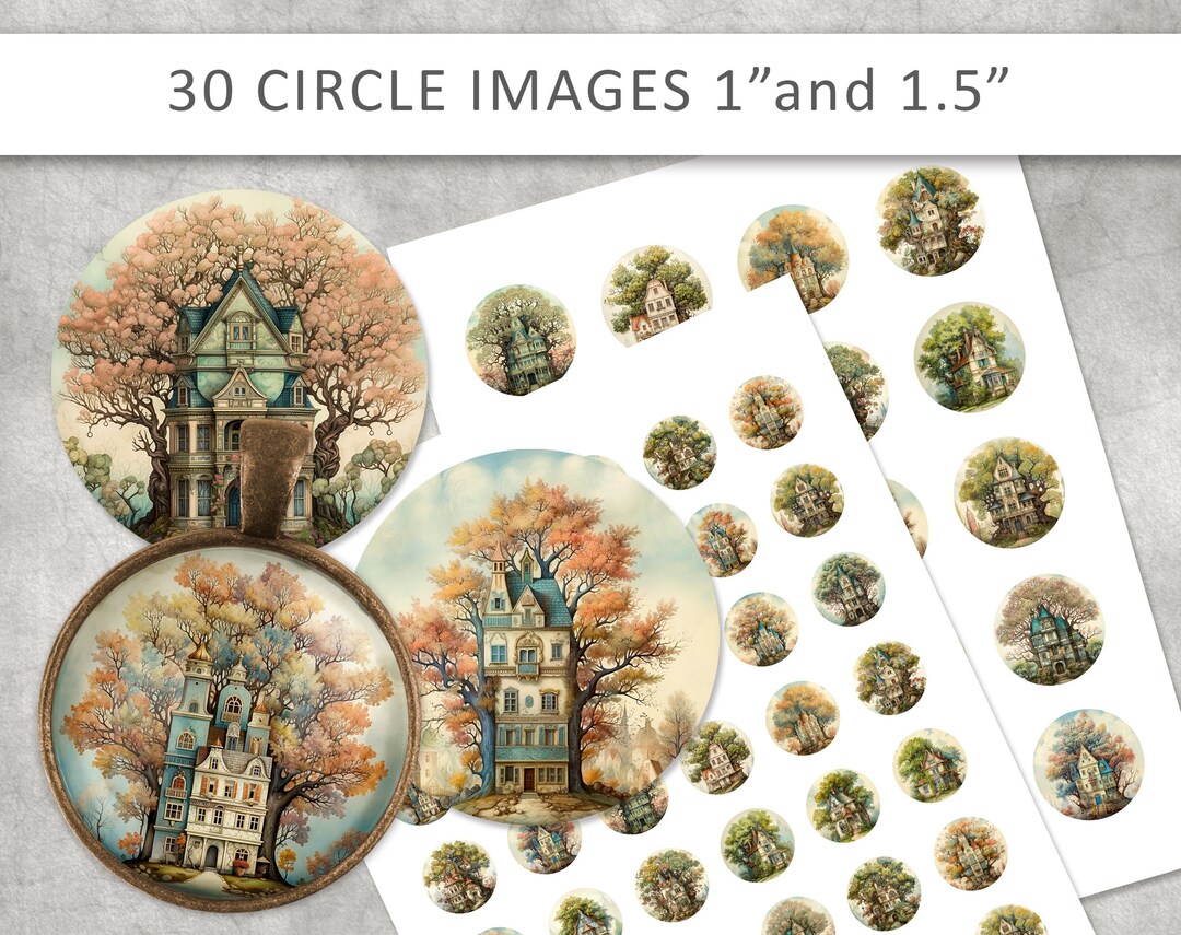 Tree House Circle Images 1 and 1.5 Inch, House Cabochon Images, Digital ...