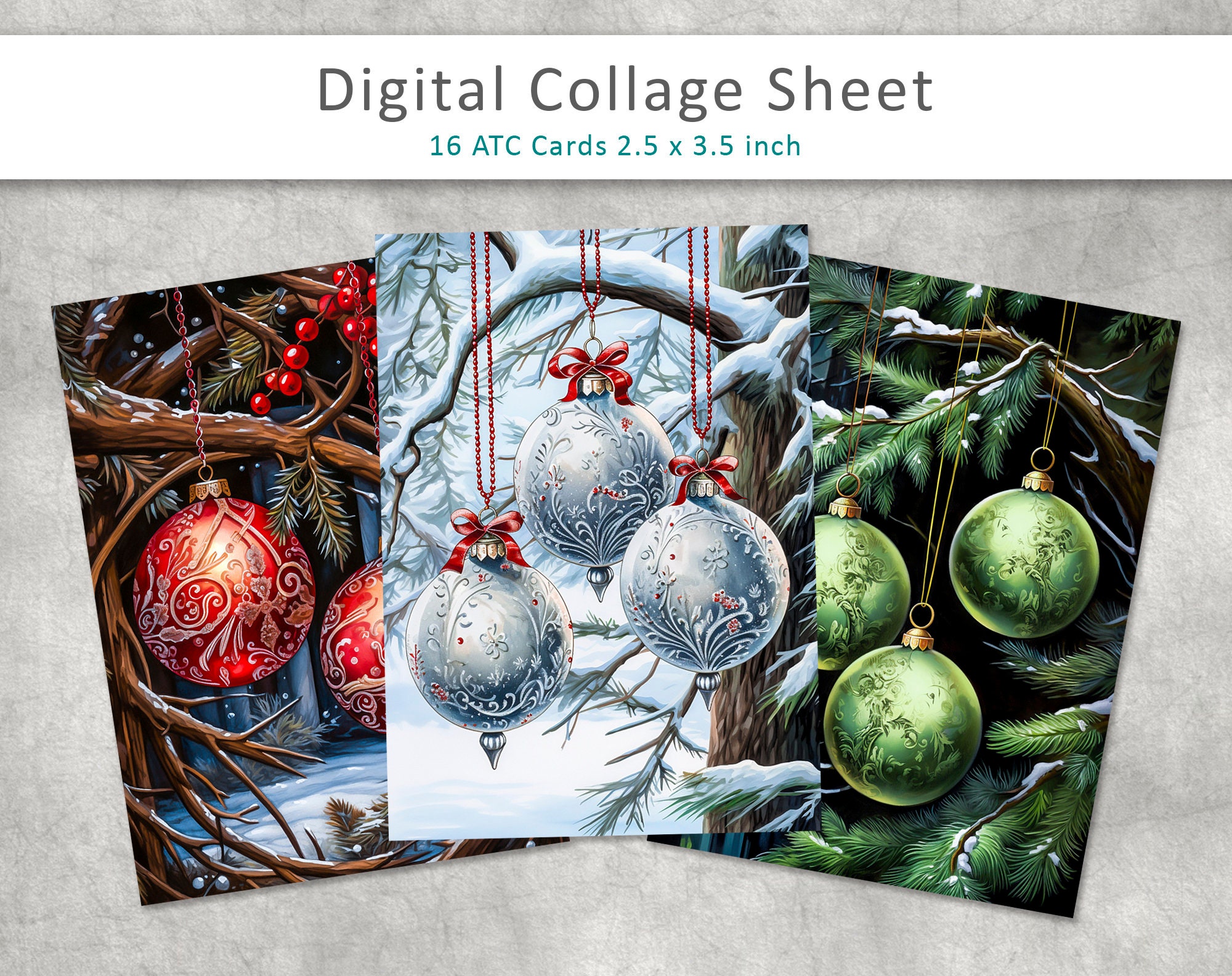 Christmas Baubles ATC Cards, Printable Journaling Cards, Collage Sheet ...