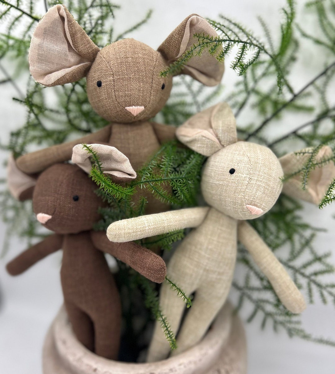 Trio of Miniature Stuffed Animals in Box Bed Mouse Dolls Bunny Bear ...