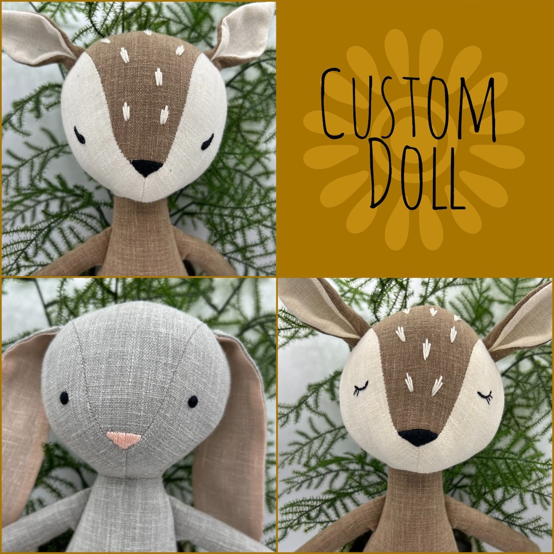 Custom Linen Stuffed Animal Doll: Hand Embroidered Heirloom Toy - Etsy