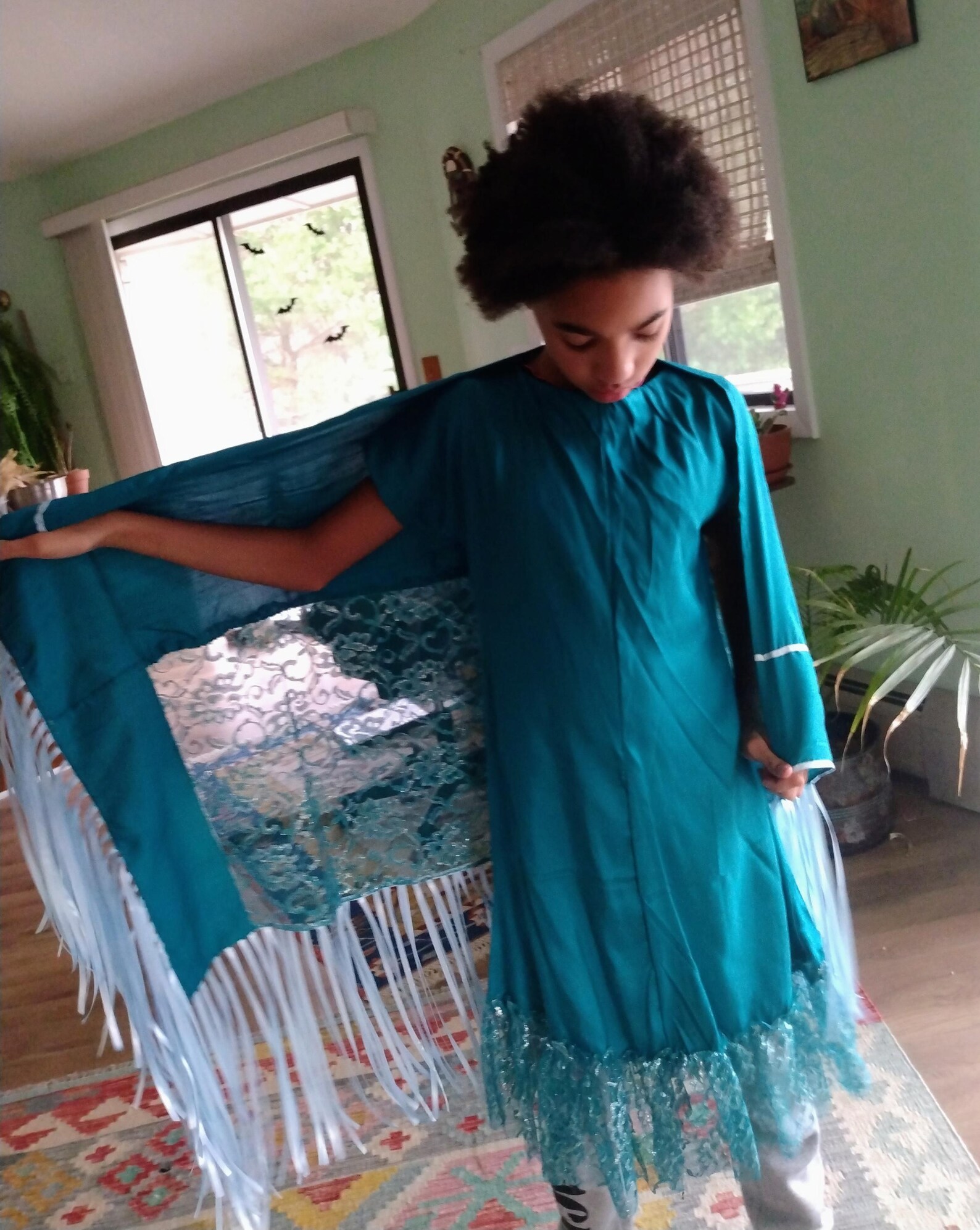 Native American Pow Wow Regalia Fancy Dance Turquoise Silk Dress and ...