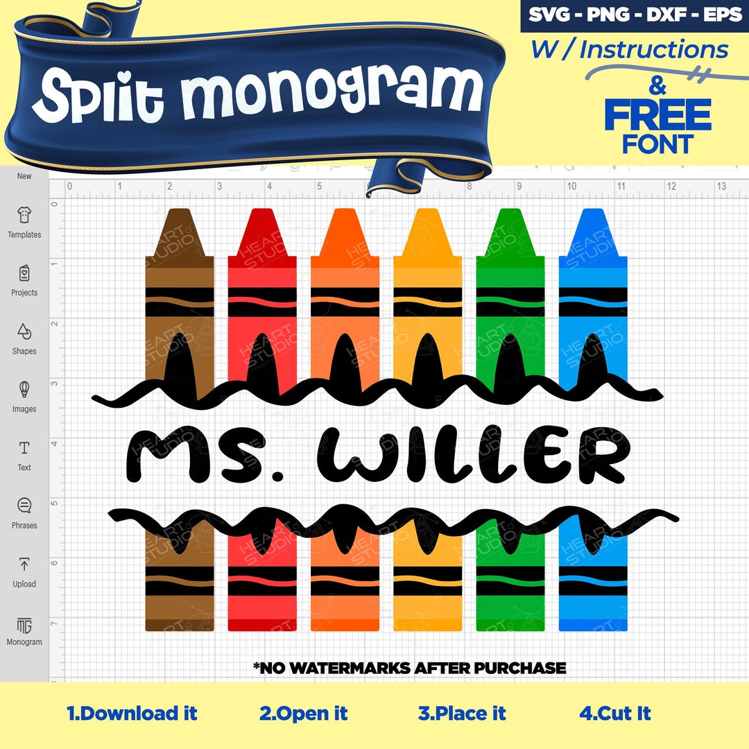 Crayon SVG, Teacher Split Monogram, Back to School + Free Font - Etsy