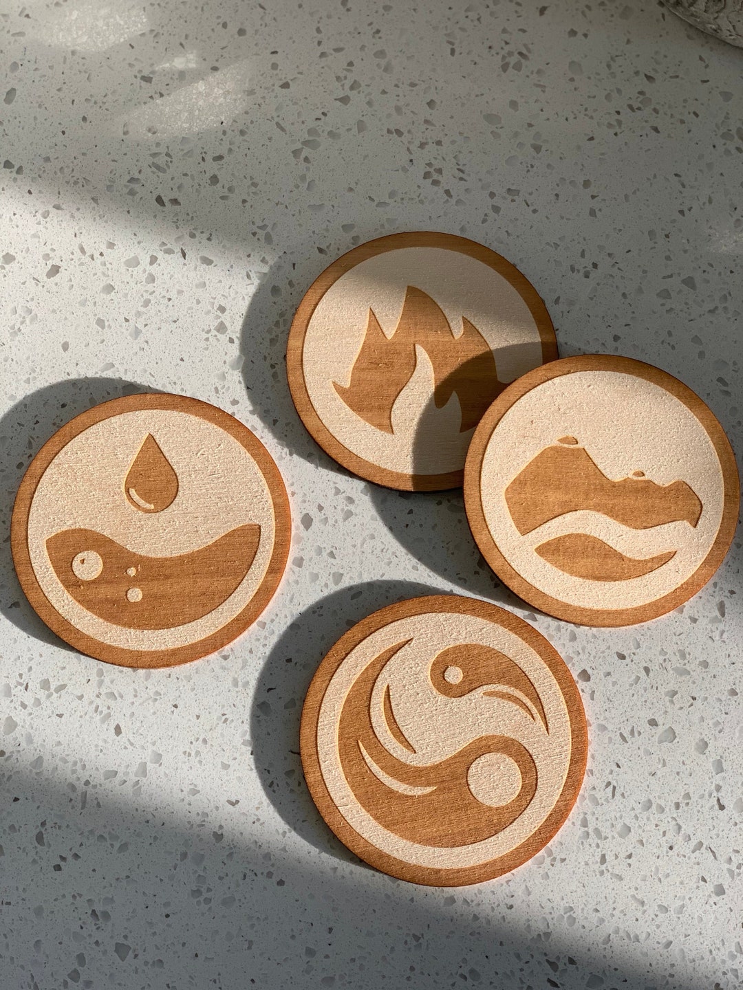 The 4 Elements Coasters, Set of 4 Round Coasters, Birthday Gift, Laser ...