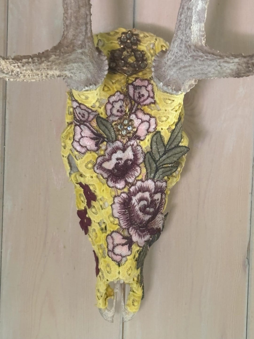 Embellished Hand Decorated Axis Deer Skull Upcycled Burgundy Flowers ...