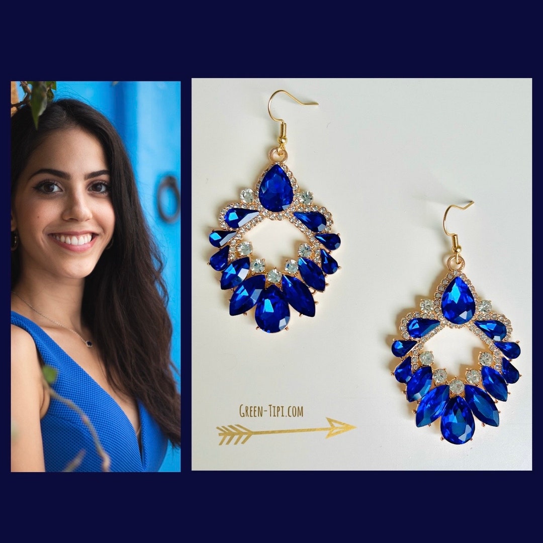 Blau lange Kristall Ohrringe hängend dunkelblau gold/große blaue Statementohrringe tropfenform ...