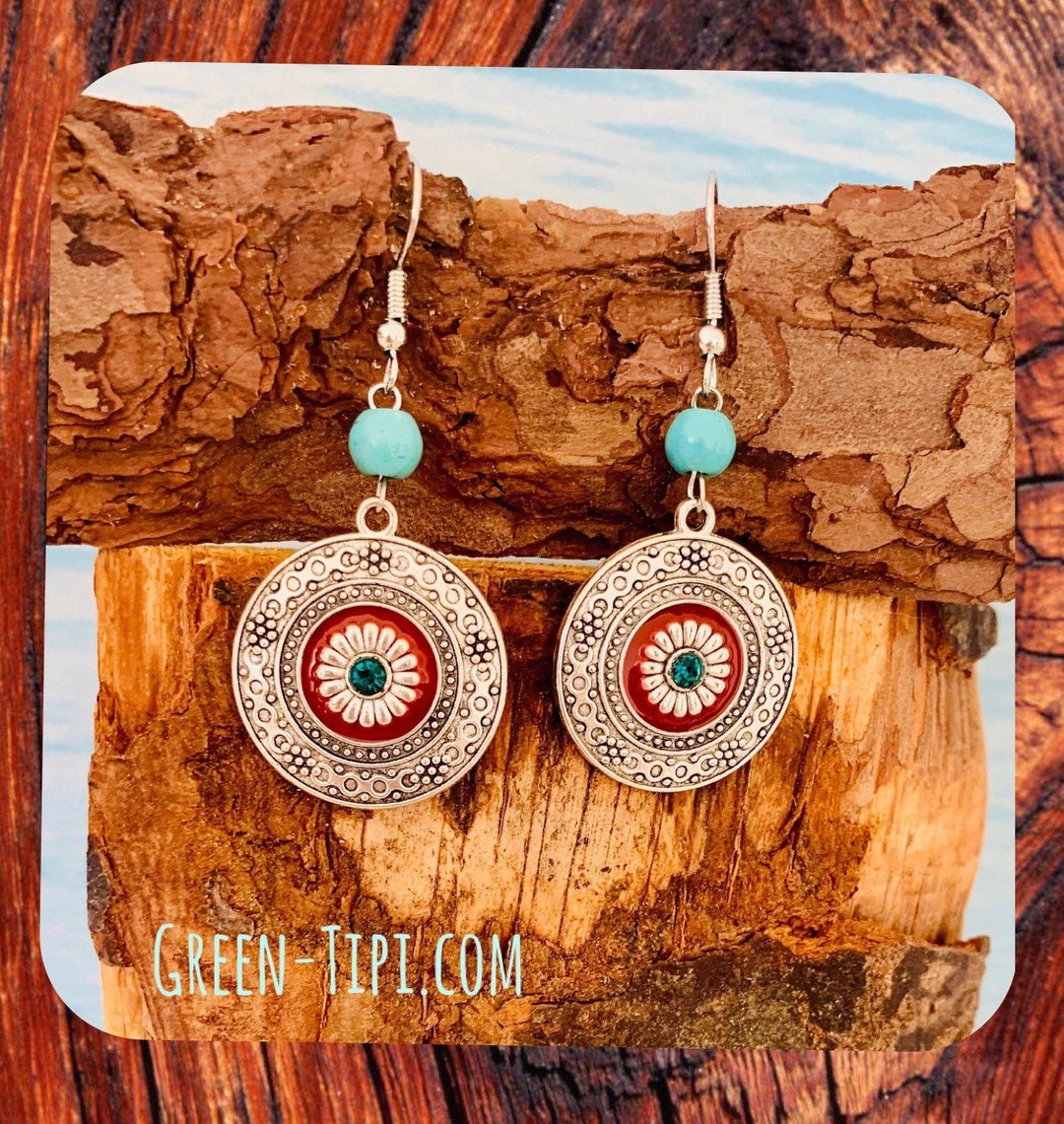 Boho Ohrringe Silber mit Türkis Stein – Mandala Emaille Hänger Rund ...