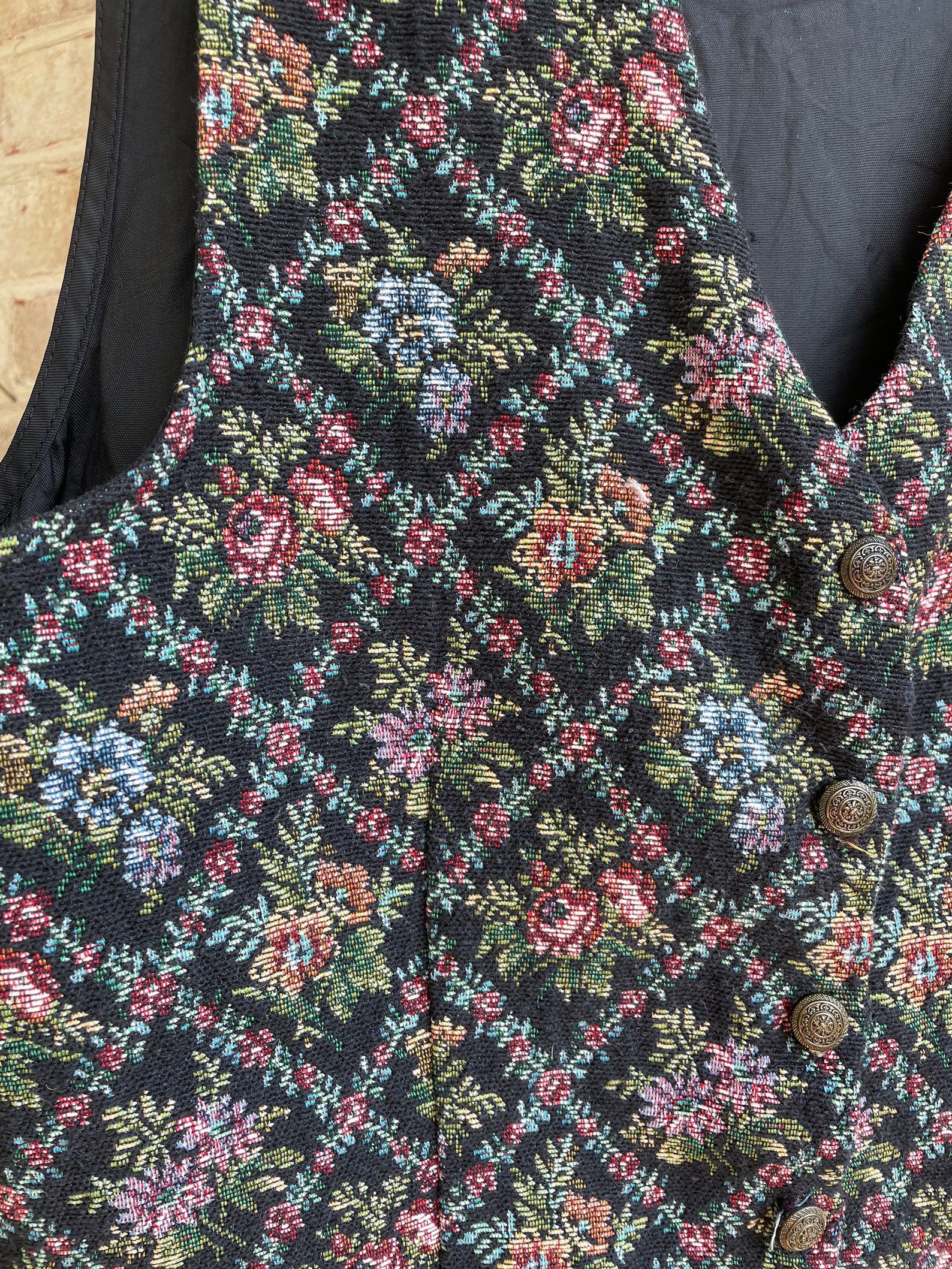 Vintage Vest 1990 90s Rainbow Tapestry Black Boho Bohemian Size Large ...