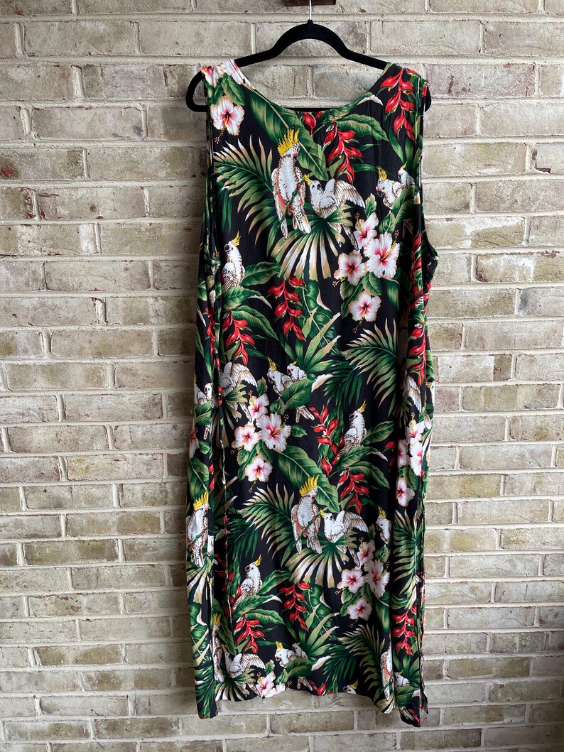 Plus Size Vintage Dress 1990 90s Rayon Cockatoo Bird Leaf Tropical ...