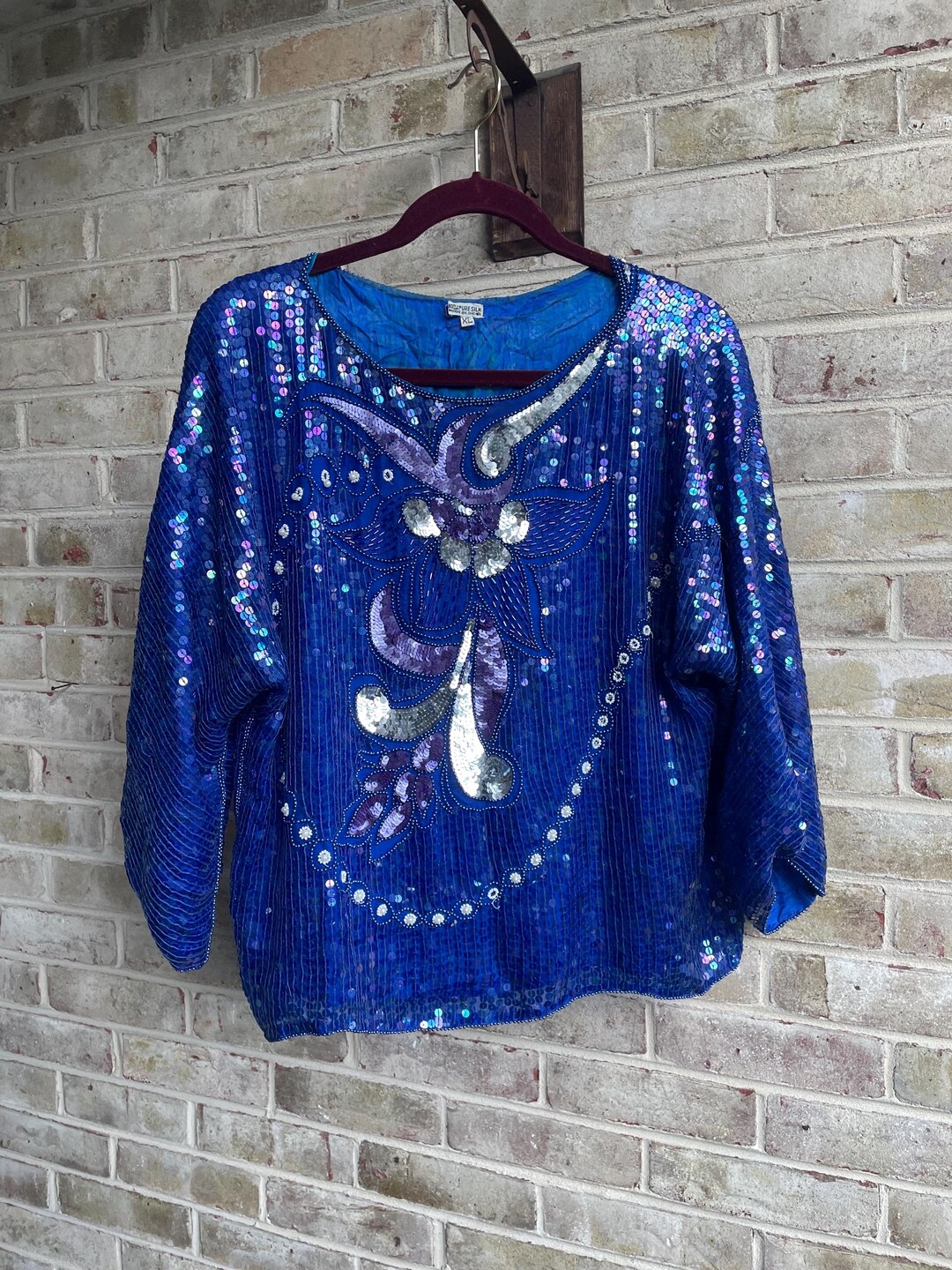 Plus Size Vintage Shirt Late 80s Early 90s Royal Blue Silk Bling Sequin ...