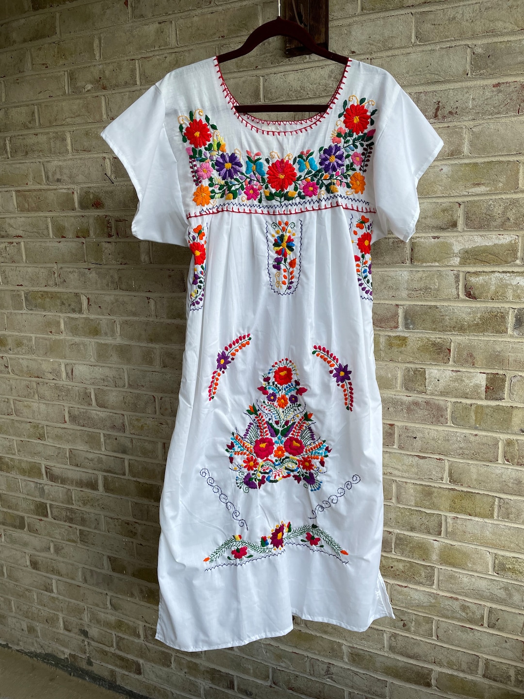 Vintage Dress 1980 80s Mexican Sundress White Rainbow Flowers Boho ...