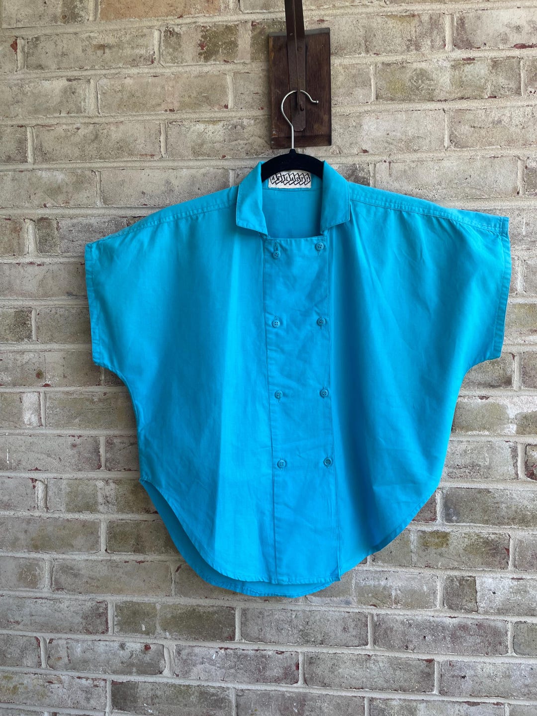 Vintage Blouse 1980 80s Shirt Aqua Blue Cotton Double Breasted at Last ...