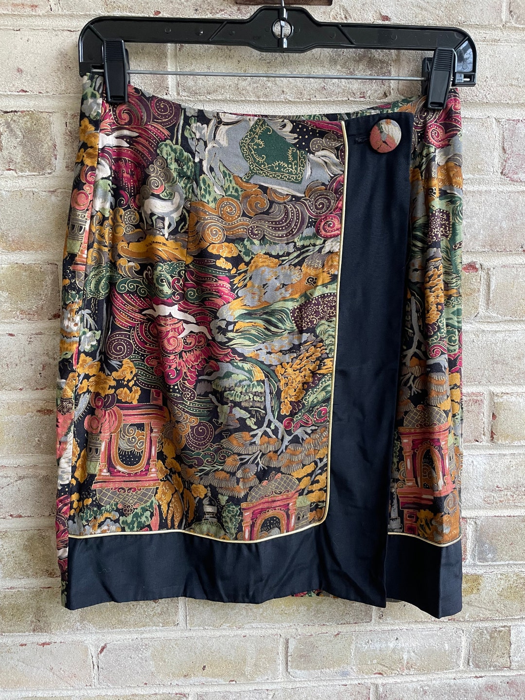 Vintage Skirt Boho Wrap Skirt Bohemian Gold Accent Fantasy Horse Print ...