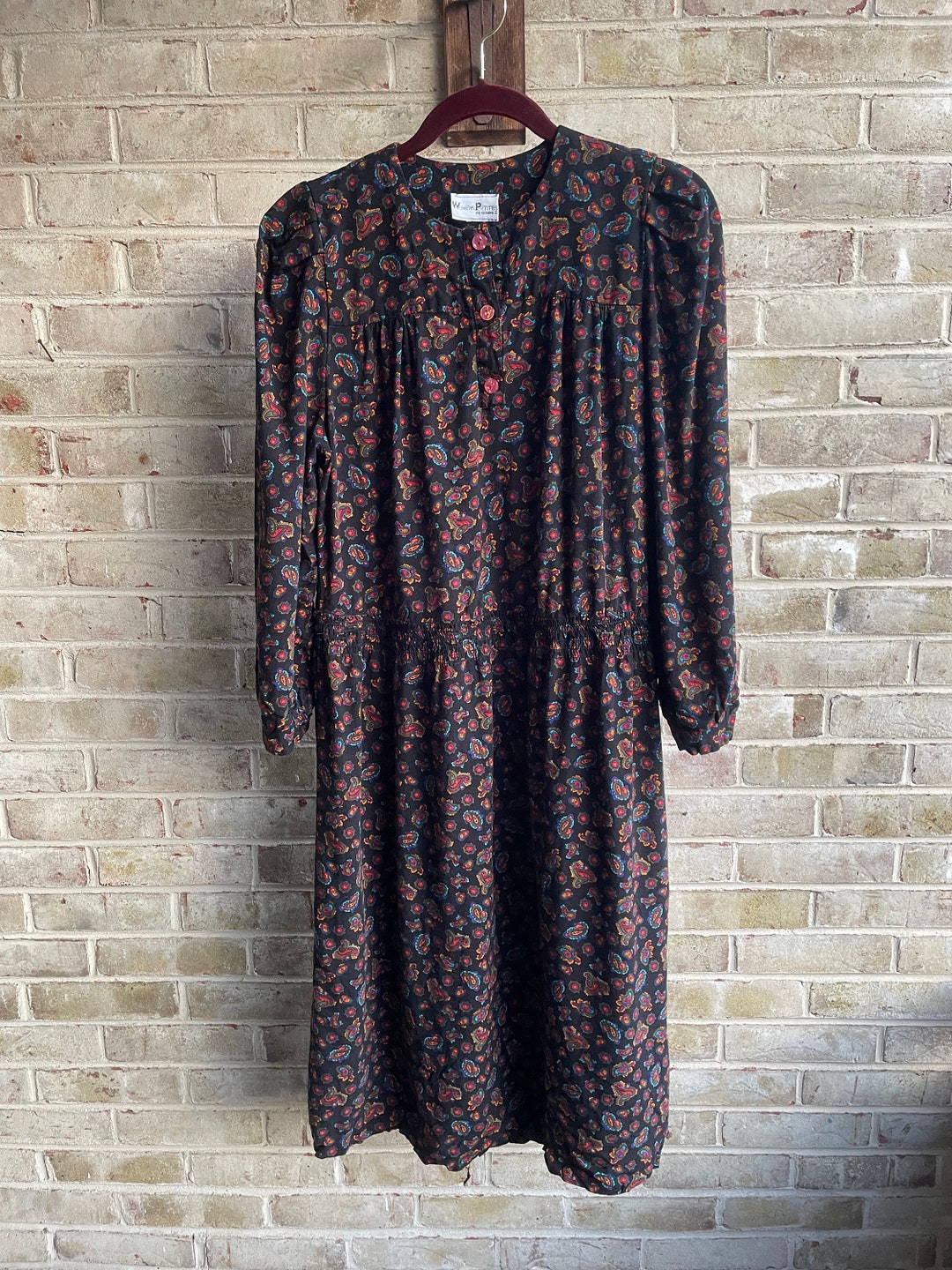 Vintage Dress Boho Bohemian Paisley 1990 90s Henley Front Puff Sleeve ...