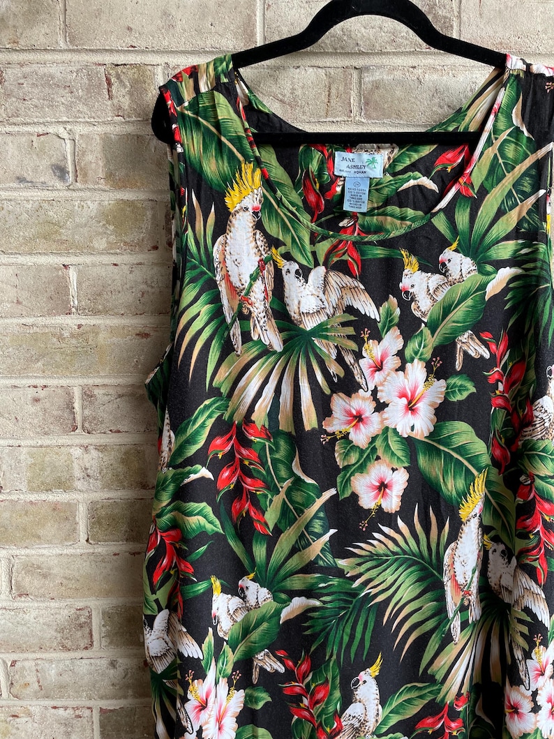 Plus Size Vintage Dress 1990 90s Rayon Cockatoo Bird Leaf Tropical ...