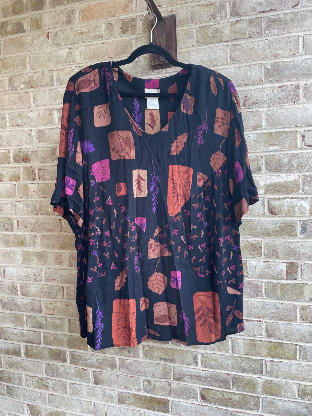 Plus Size Vintage 1990 90s Boho Bohemian Leaf Print Fall Winter Rayon ...