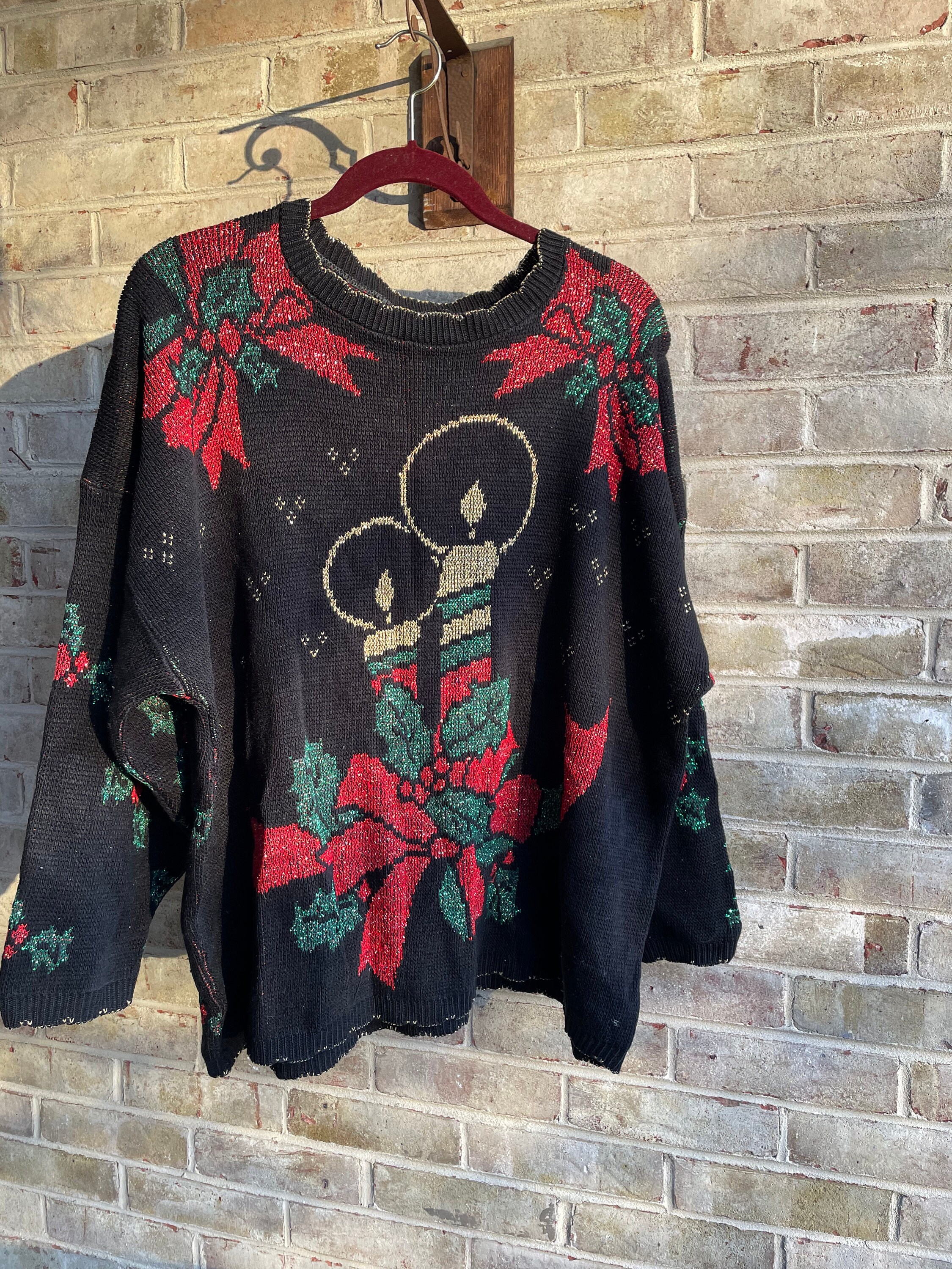Plus Size Vintage Sweater Holiday Sparkle Candle Holly 1980 80s ...