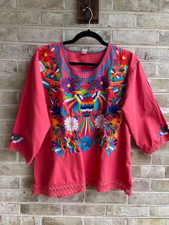 vintage blouse 1990 90s Mexican embroidered raunbow b… - Gem
