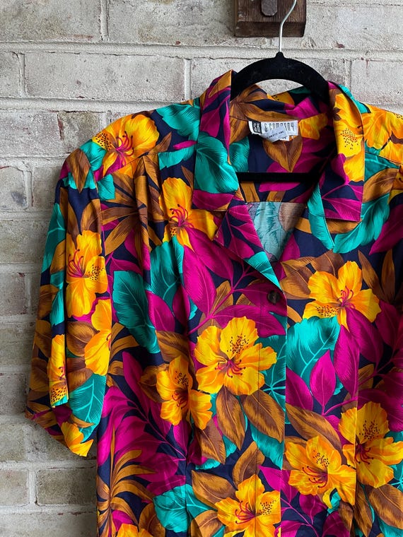 vintage blouse 1990 90s vibrant print floral tropical… - Gem