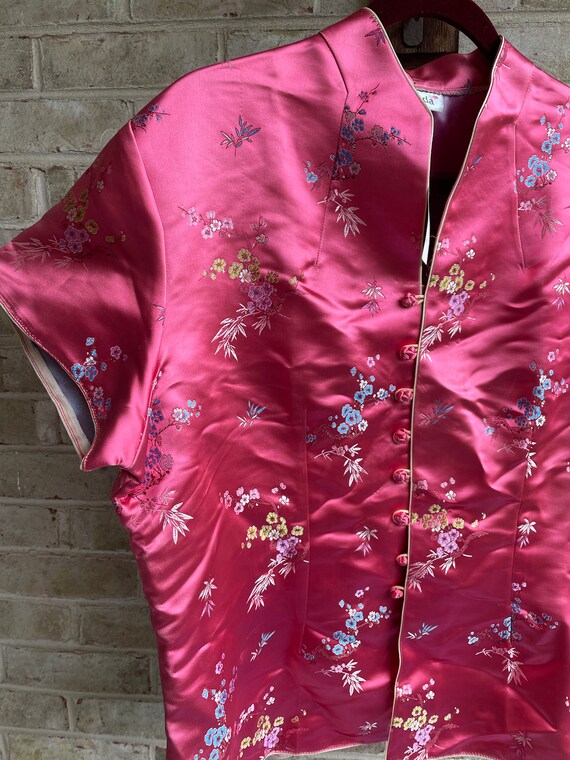 Plus size vintage SILK satin blouse rose pink Panda 1… - Gem