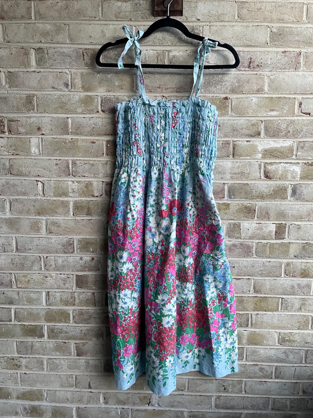 Vintage Dress Sundress Cotton 1980 80s Smocked Top Flowers Garden Party ...