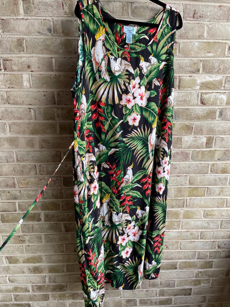 Plus Size Vintage Dress 1990 90s Rayon Cockatoo Bird Leaf Tropical ...
