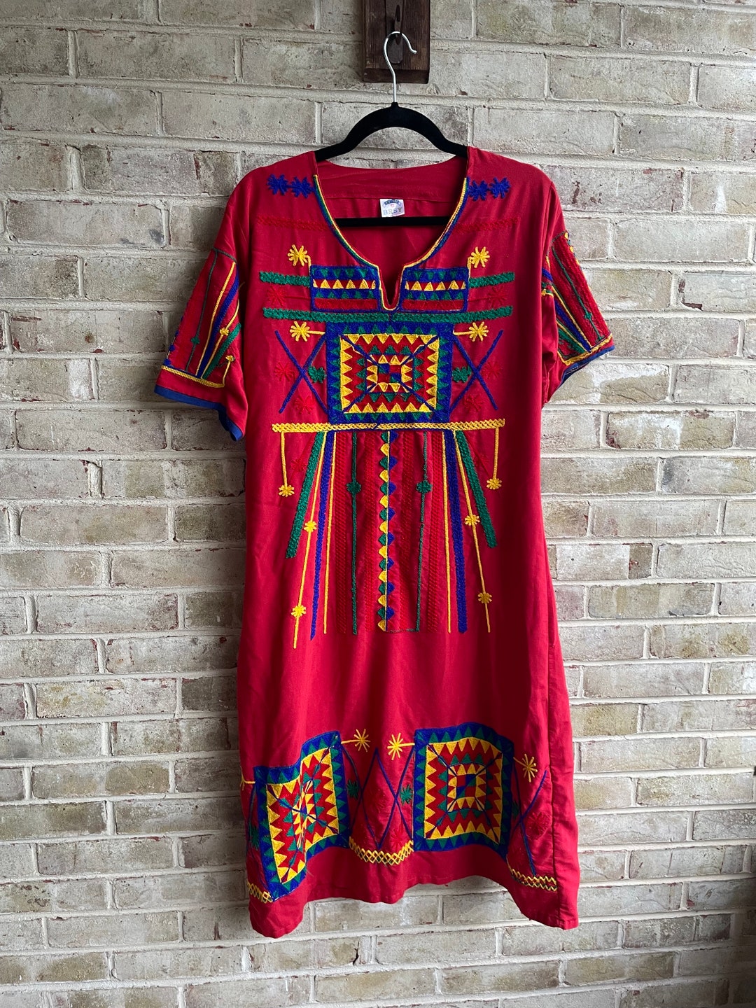 Vintage Dress 1990 90s Cotton Embroidered Red Boho Bohemian Small ...