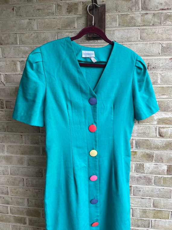 Vintage dress 1980 80s rainbow buttons teal size medi… - Gem