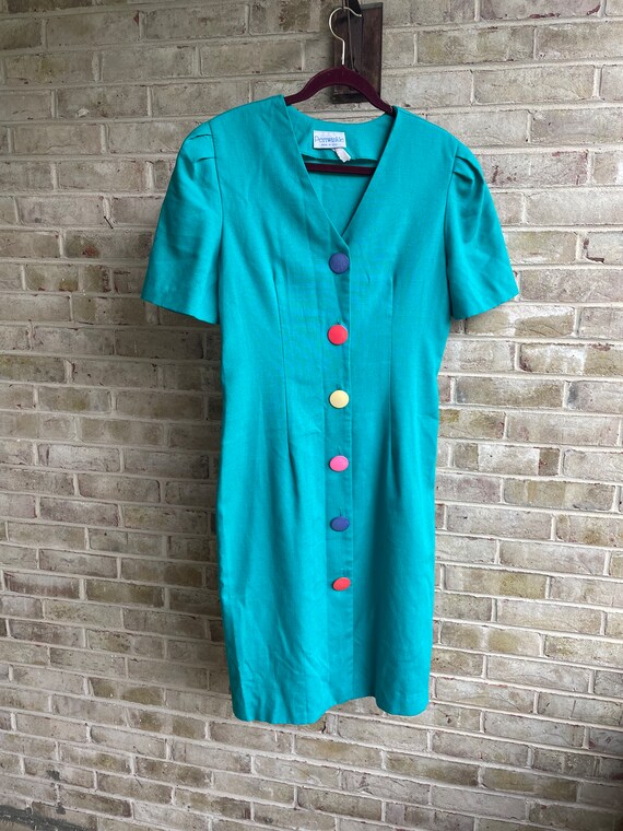 Vintage dress 1980 80s rainbow buttons teal size medi… - Gem