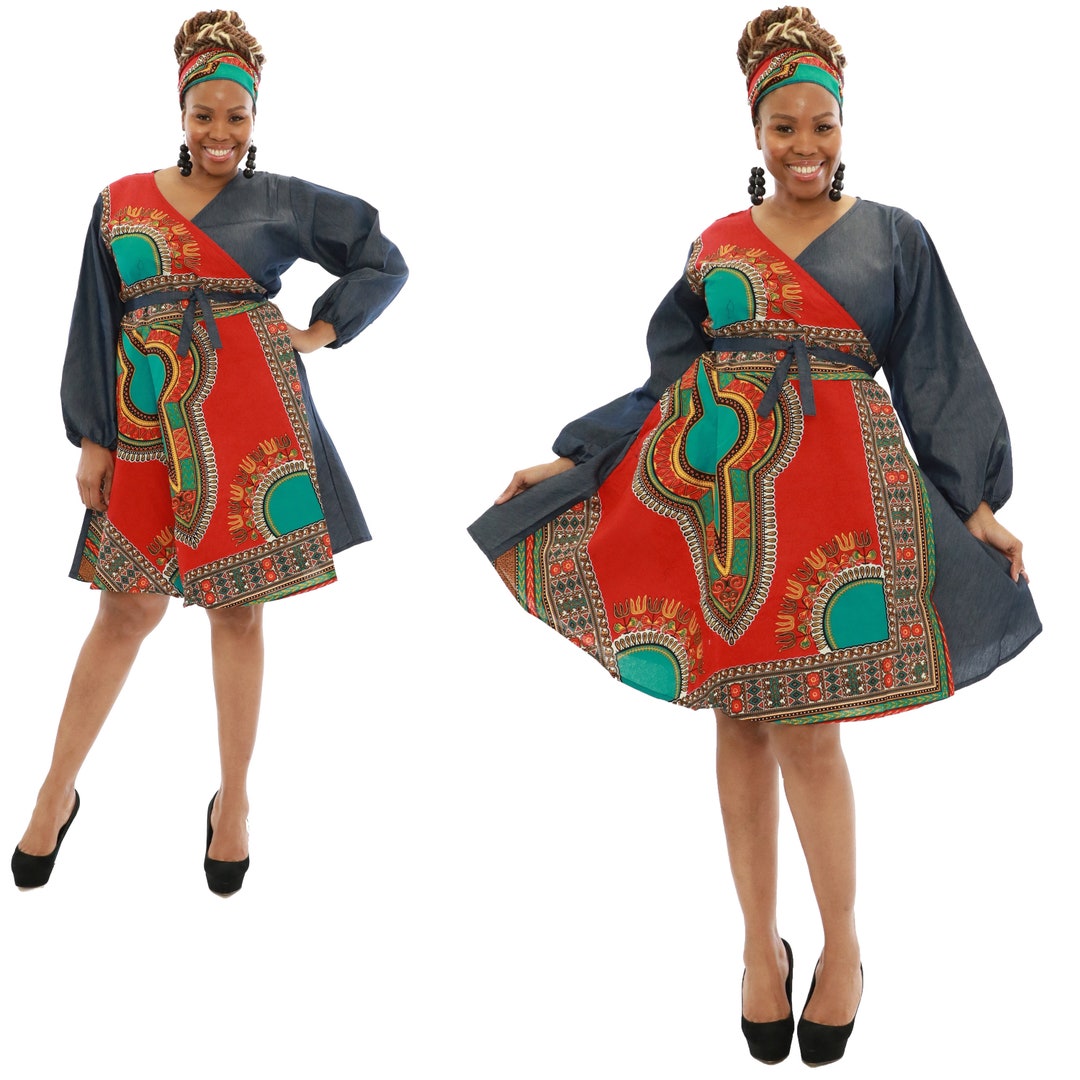 Dashiki Print African Wrap Dress in Denim Pattern With Long Sleeves for ...