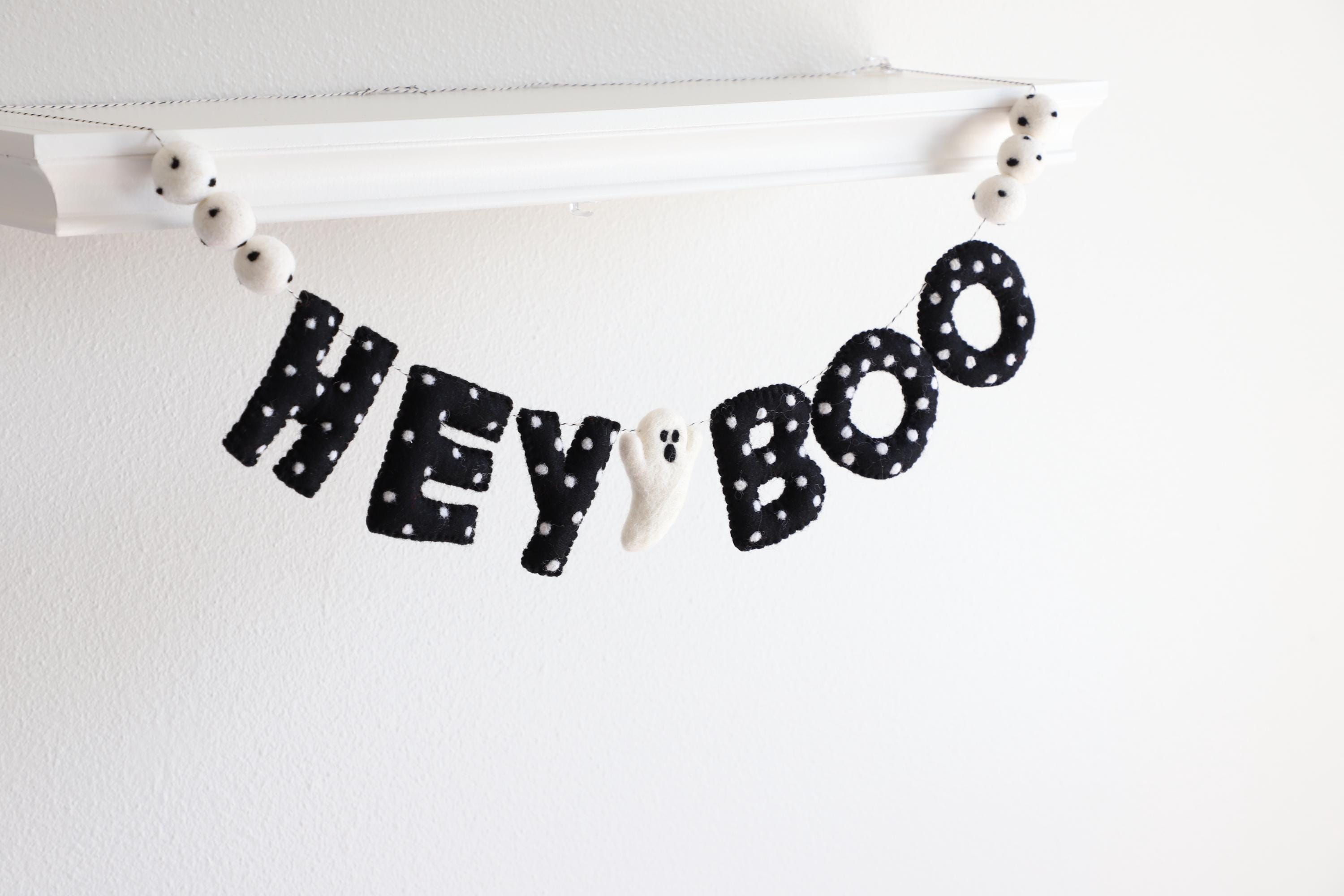 Hey Boo Halloween Felt Ball Garland - Halloween Ghost and Bats Garland ...