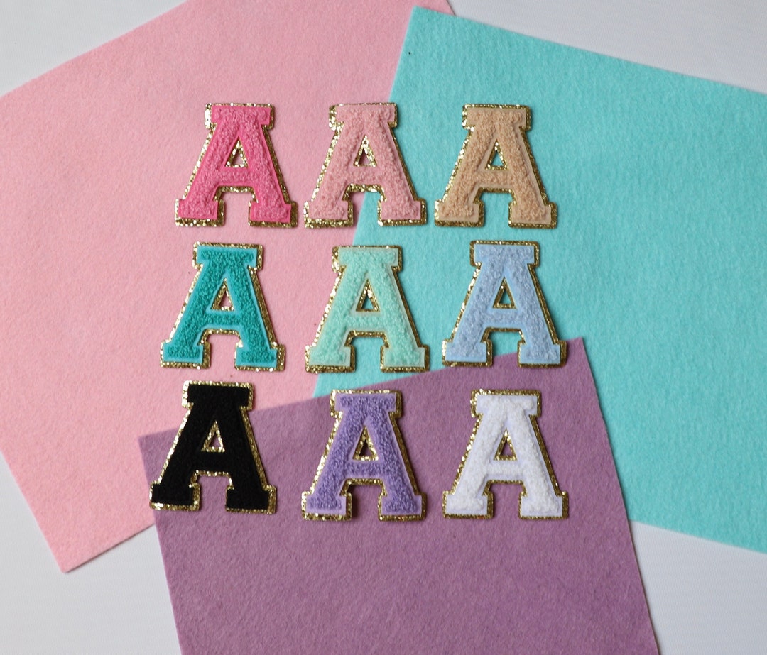 White and Gold Varsity Letter Chenille Iron on Patches, Glitter Varsity ...