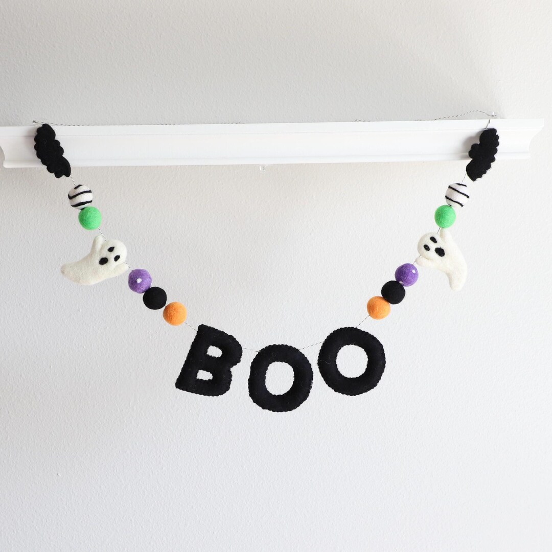 Boo Halloween Felt Ball Garland - Halloween Ghost and Bats Garland ...