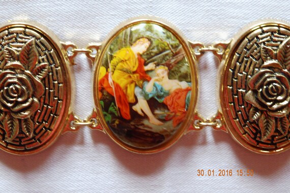 Metal belt gold-colored with rococo images, cameo, hi… - Gem