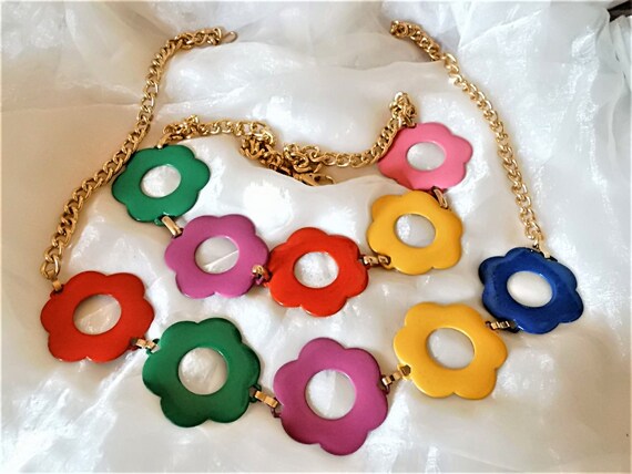 chunky metal belt with colorful flowers, vintage jewe… - Gem