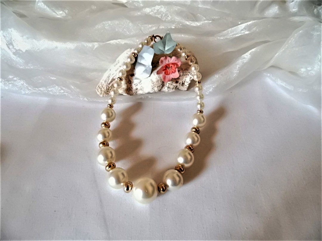 Collar de perlas color oro blanco años 80, collar de perlas en ...