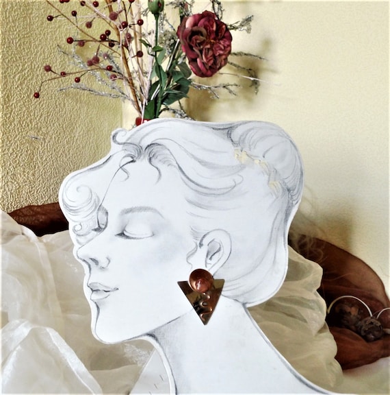 Triangular ear clips copper/silver with brown cabocho… - Gem