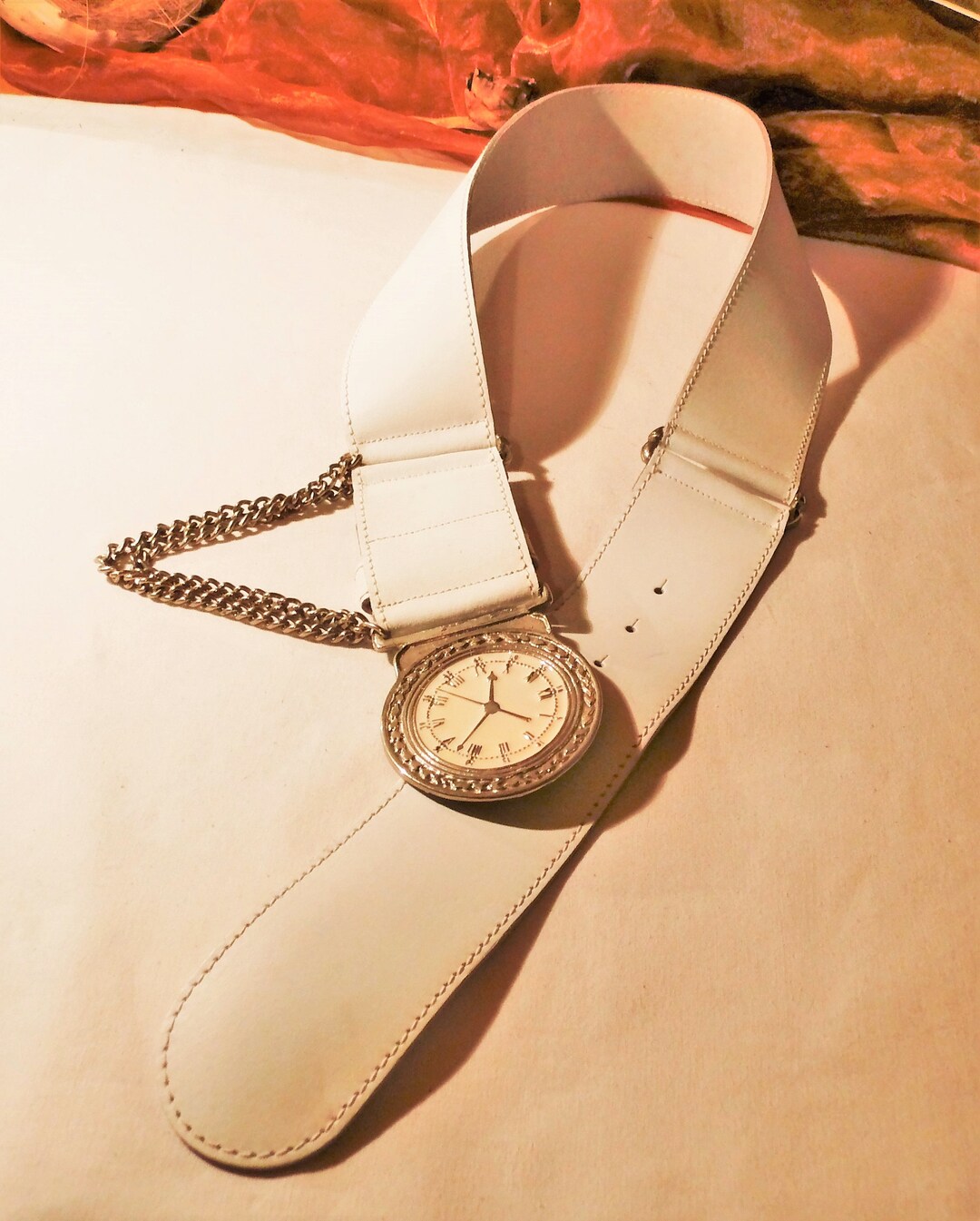 Wide White Belt With Dummy Watch Buckle and Double Chain Belt - Etsy