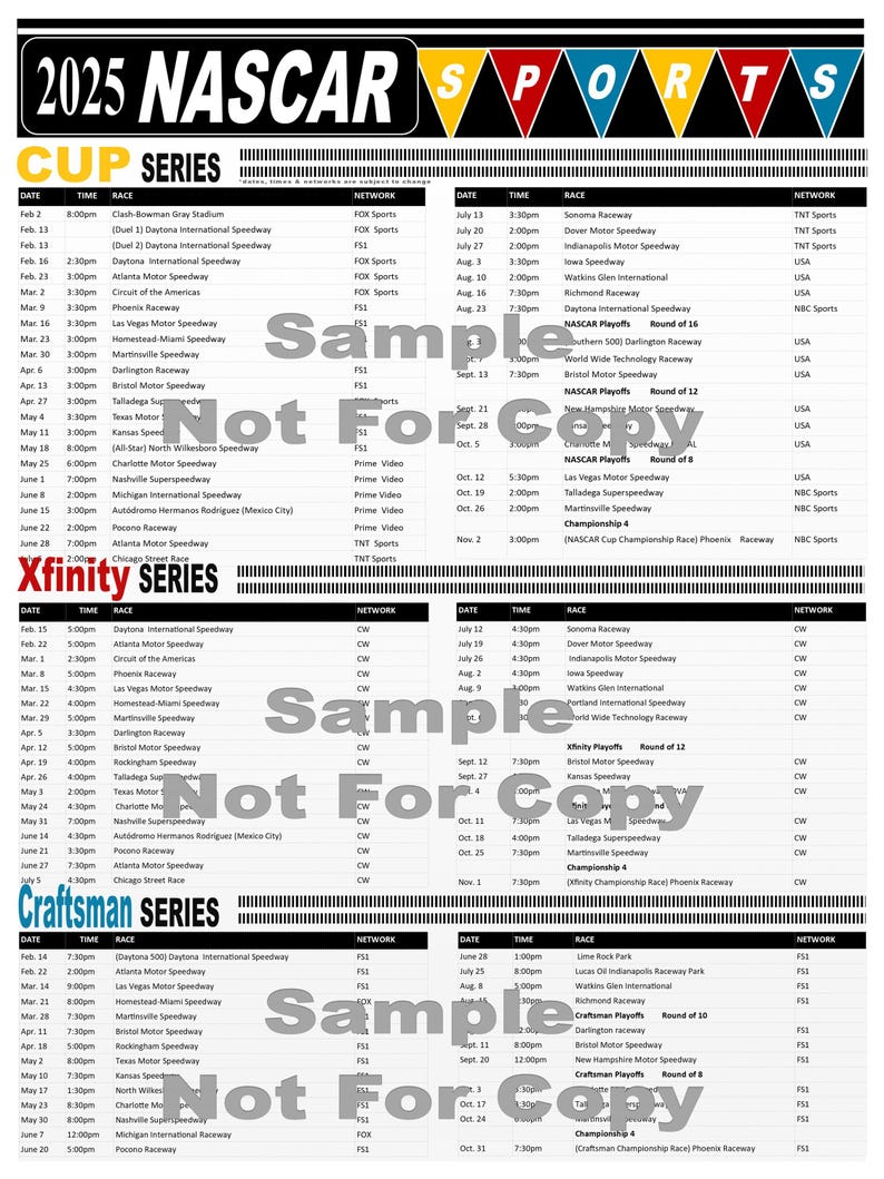 NASCAR 2025 Schedule - Poster - Instant Digital Download - Etsy