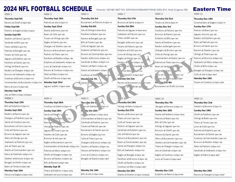 Football NFL-2024 Schedule Includes All Teams! - Etsy