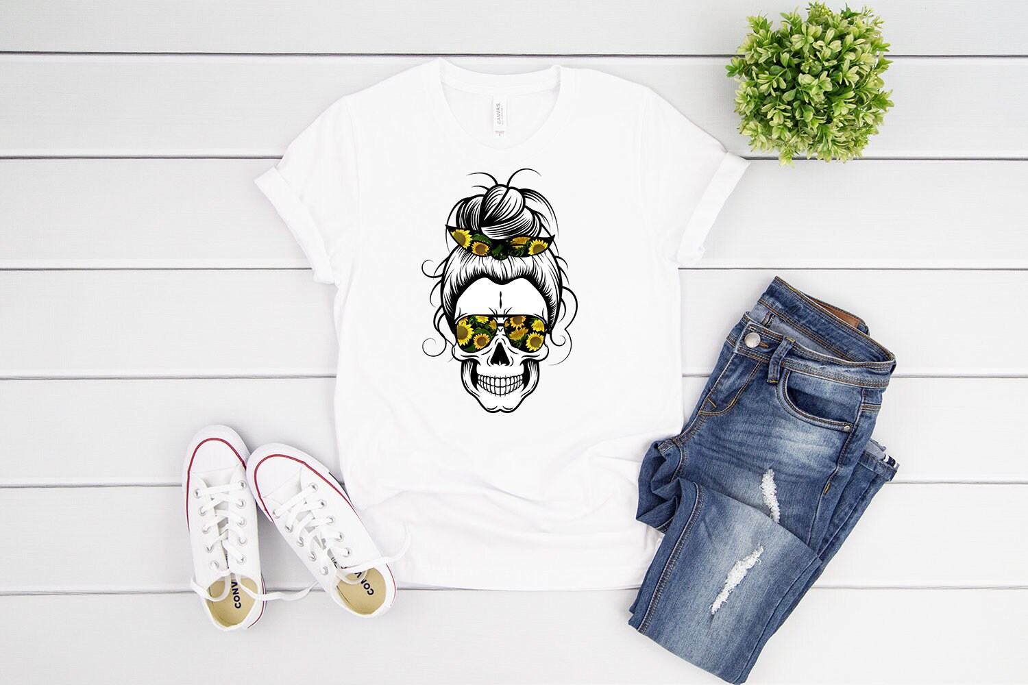 Messy Bun Shirt, Messy Bun Skull Shirt, Sunflowers, Bun Hair Shirt ...