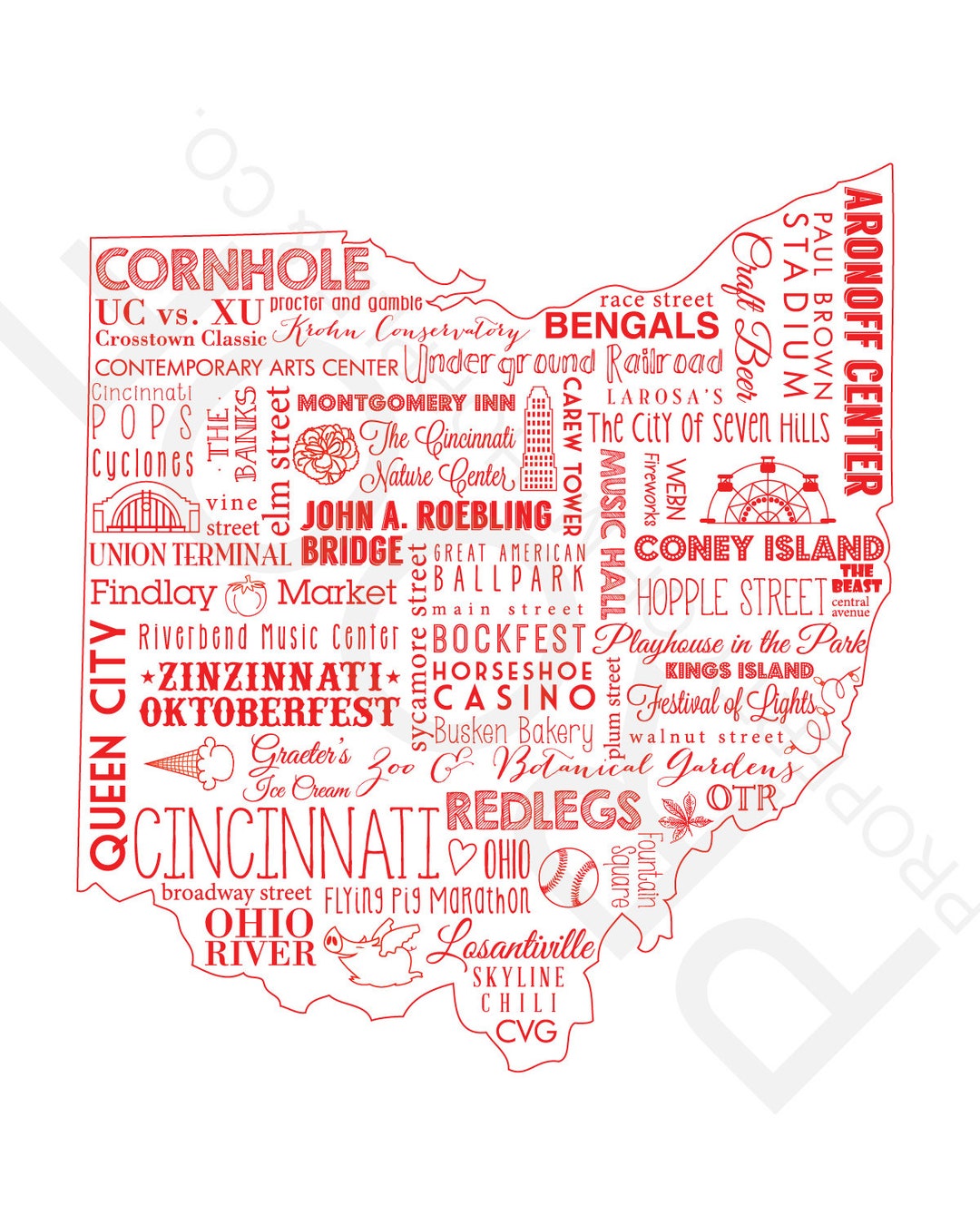 Cincinnati, Ohio Collage Red & White Art Print - Etsy