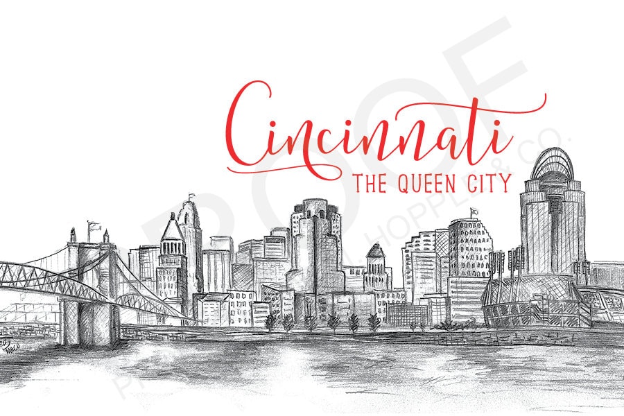 Cincinnati, the Queen City Sketched Skyline Postcard - Etsy