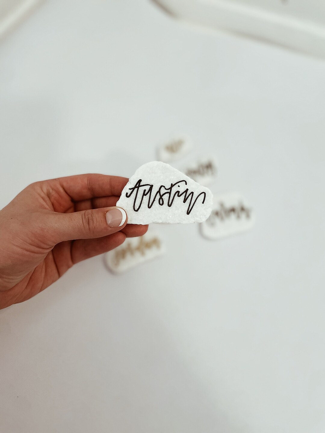 Hand Lettered Minimalist Name Place Stones, Name Cards, White Stone ...