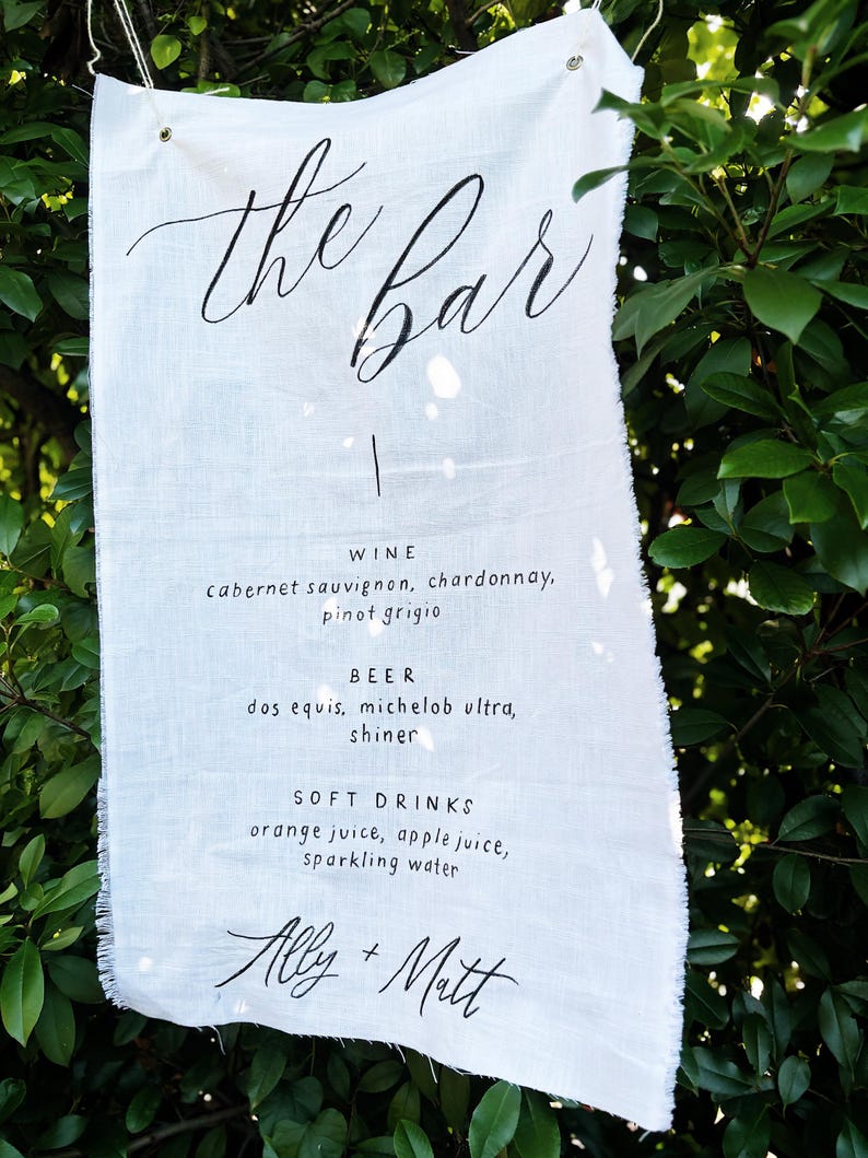 Personalized Calligraphy Linen Bar Sign – Rustic Wedding Decor - Etsy