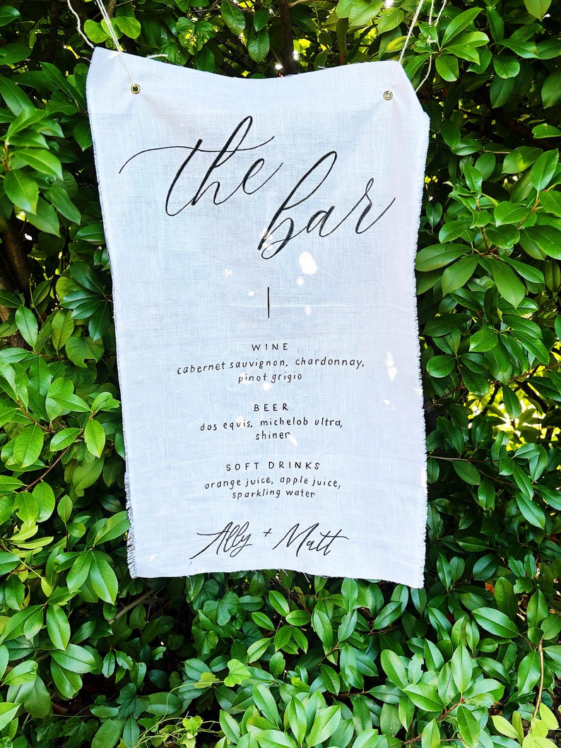 Personalized Calligraphy Linen Bar Sign – Rustic Wedding Decor - Etsy