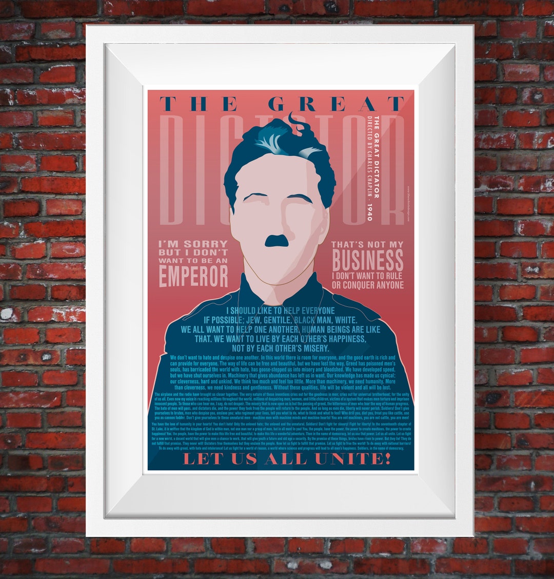 Charlie Chaplin 'the Great Dictator' Speech Art Print, A1 Poster, Great ...