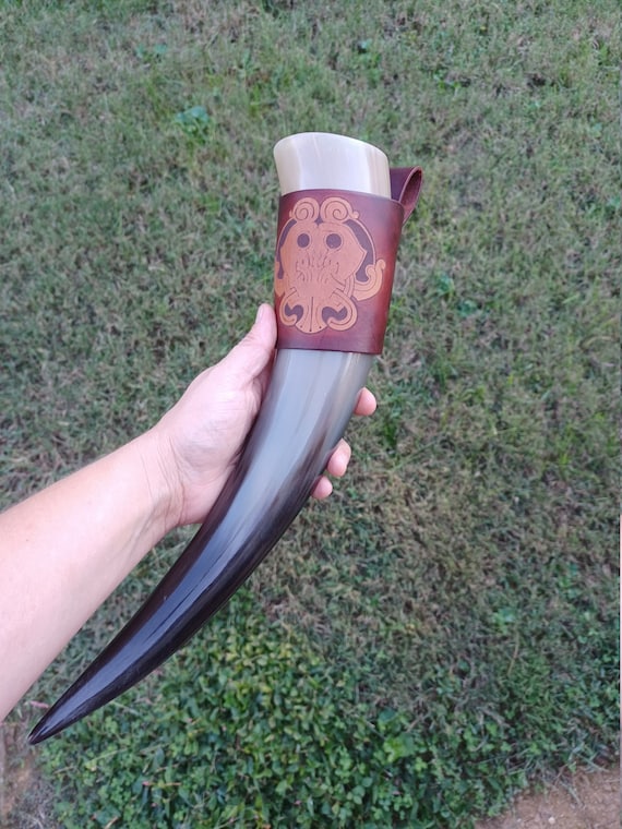 Drinking Horn and Engraved Leather Horn Holder | Etsy