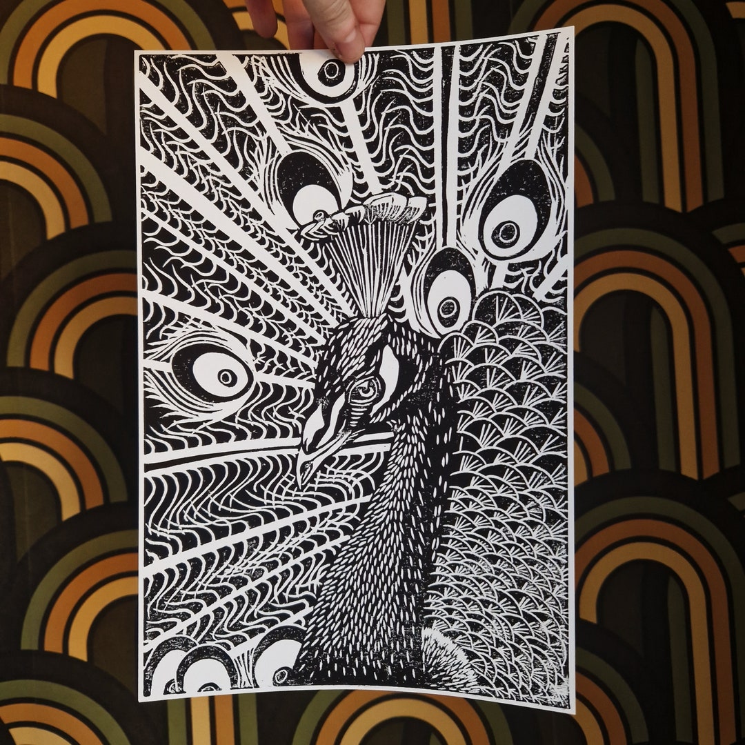 Peacock Linocut - Etsy