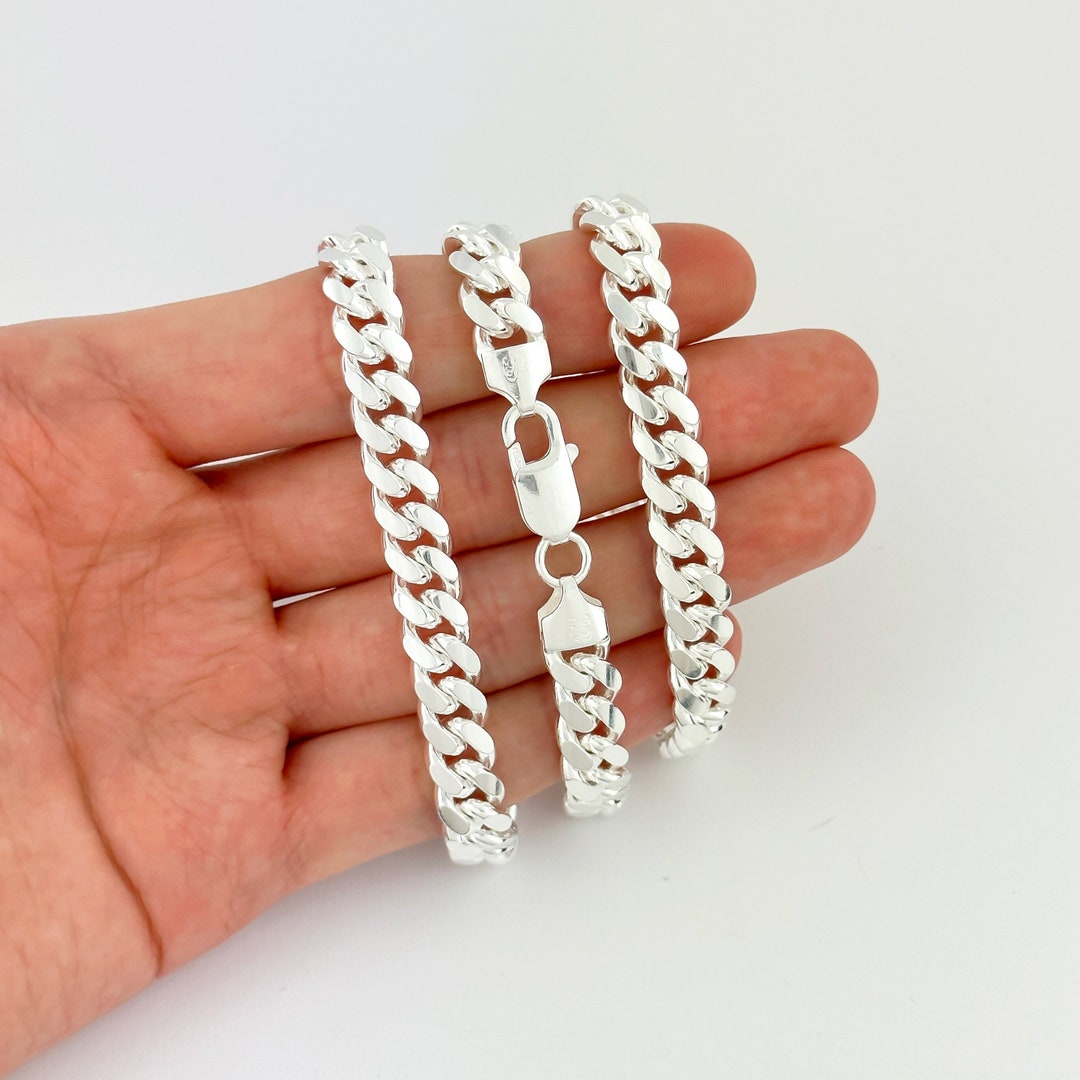 925 Solid Miami Cuban Sterling Silver Chain Italian Heavy Curb Necklace ...